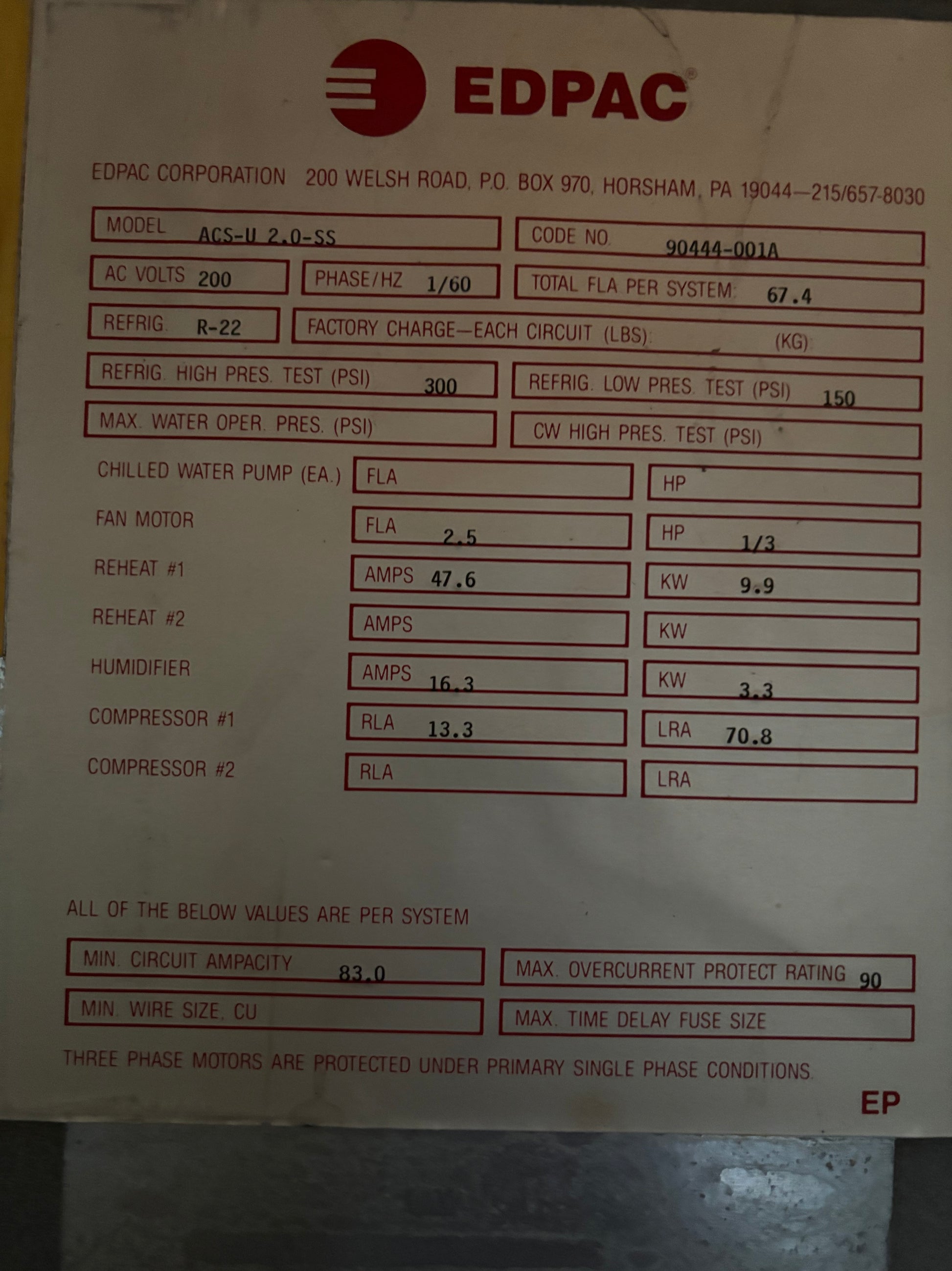 EDPAC ACS-U2.0-SS 2 Ton 200v Air Cooled Standard Upflow Single Compres ...
