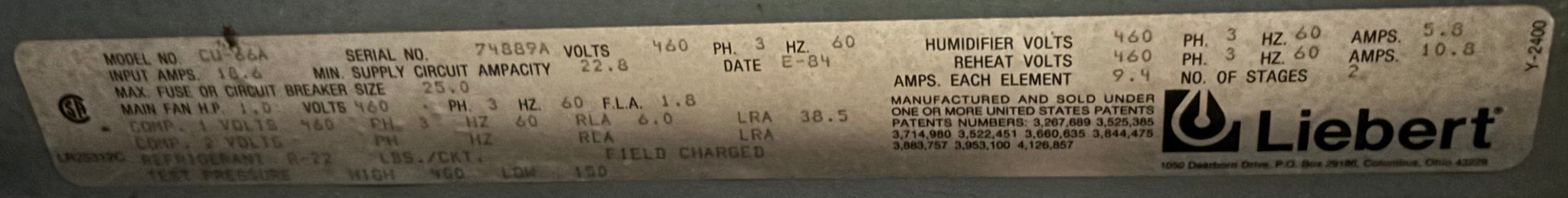 Liebert CU-66A 5 Ton 460v Air-cooled Self-contained Computer Room Syst ...